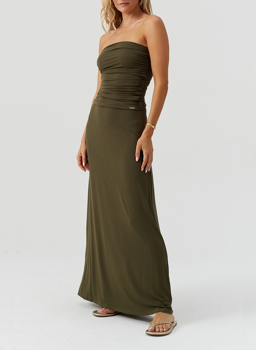 Rae Olive Bandeau Ruched Maxi Dress | Official Site