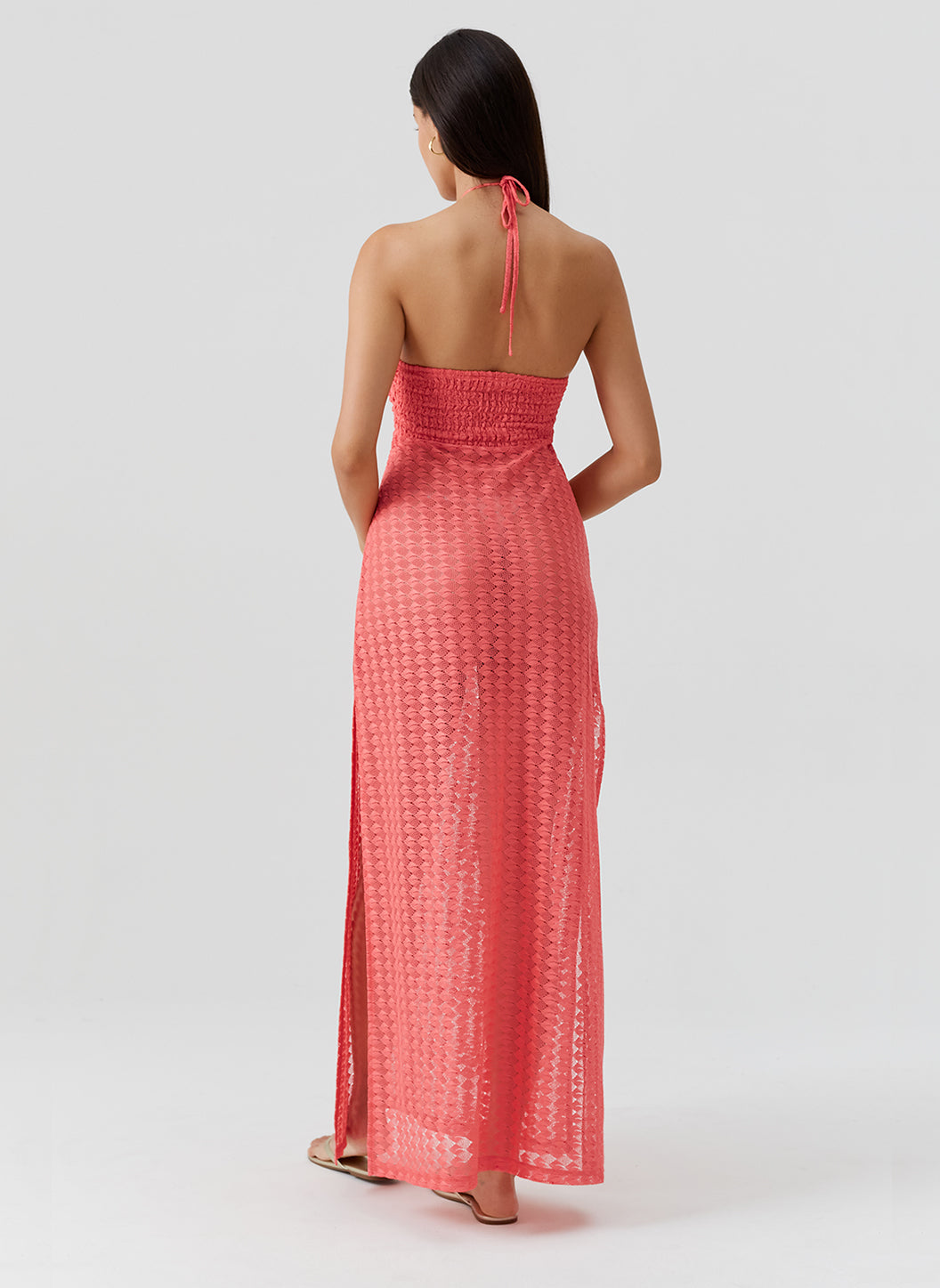 Harriet Apricot Halter Long Crochet Dress | Official Site